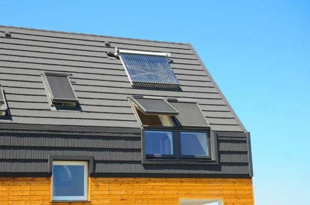 Closeup of Solar Water Panel Heating, Dormers, Solar Panels, Sky ...
